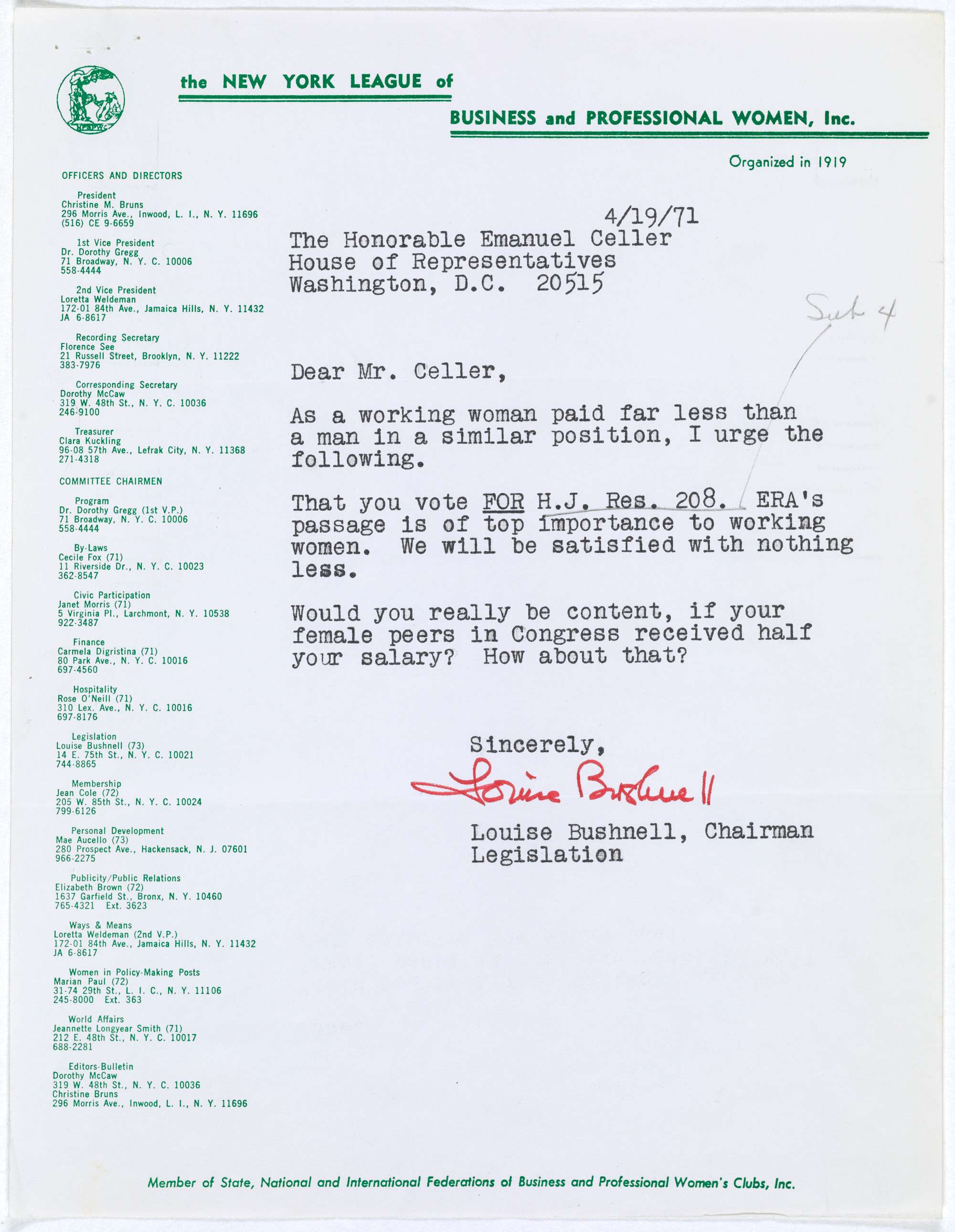 Letter from New York League of Professional Women to Congress in Favor ...